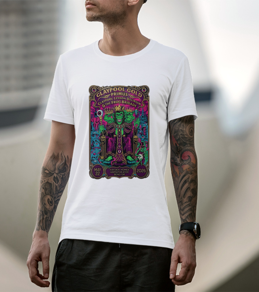 Claypool Gold Primus Claypool Lennon Delirium And The Frog Brigade Hayden Homes Amphitheater Bend Oregon May 22 2026 Gig T-Shirt