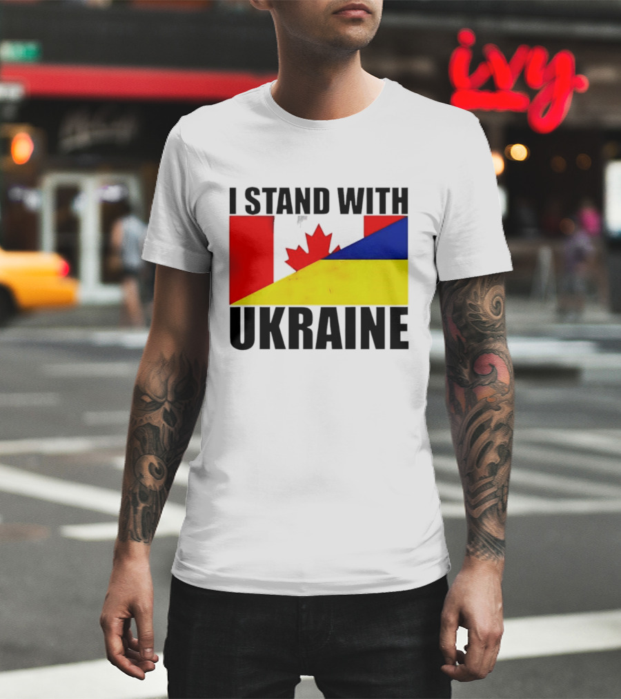 I Stand With Ukraine Canada Flag Maple Leaf Yellow Blue T-Shirt