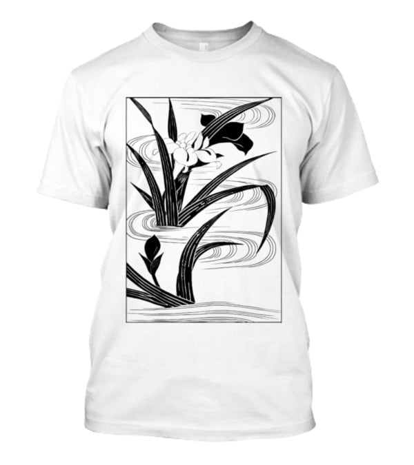 Japanese Black And White Irises In Water With Flowing Waves T-Shirt