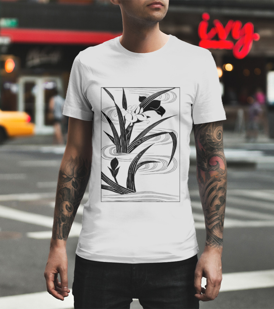 Japanese Black And White Irises In Water With Flowing Waves T-Shirt