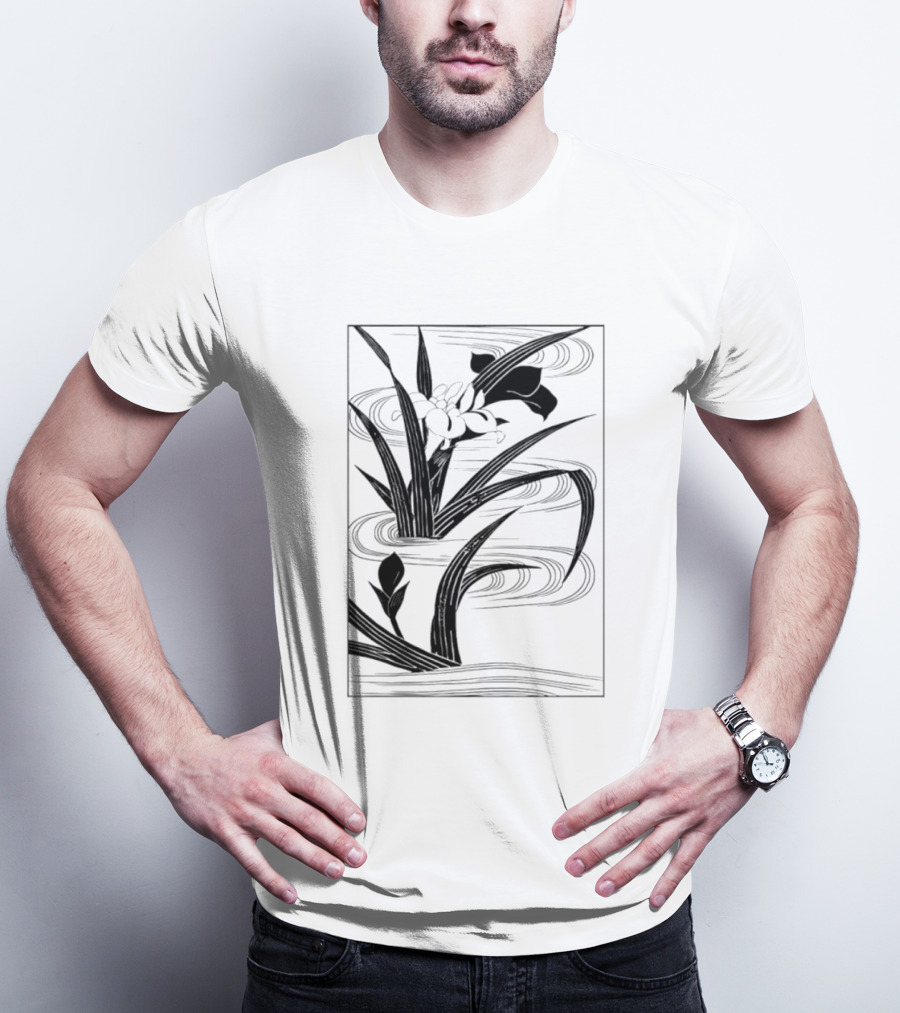 Japanese Black And White Irises In Water With Flowing Waves T-Shirt