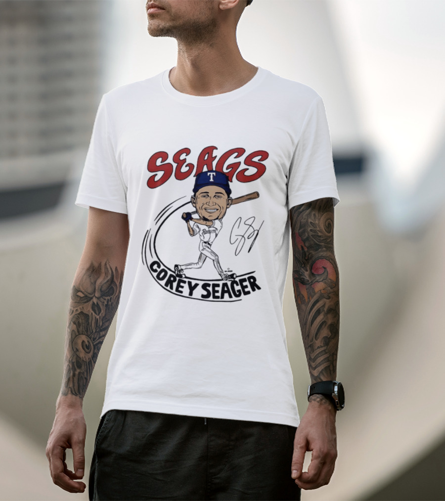 Seags Corey Seager Texas Rangers Slugger Swing Caricature T-Shirt