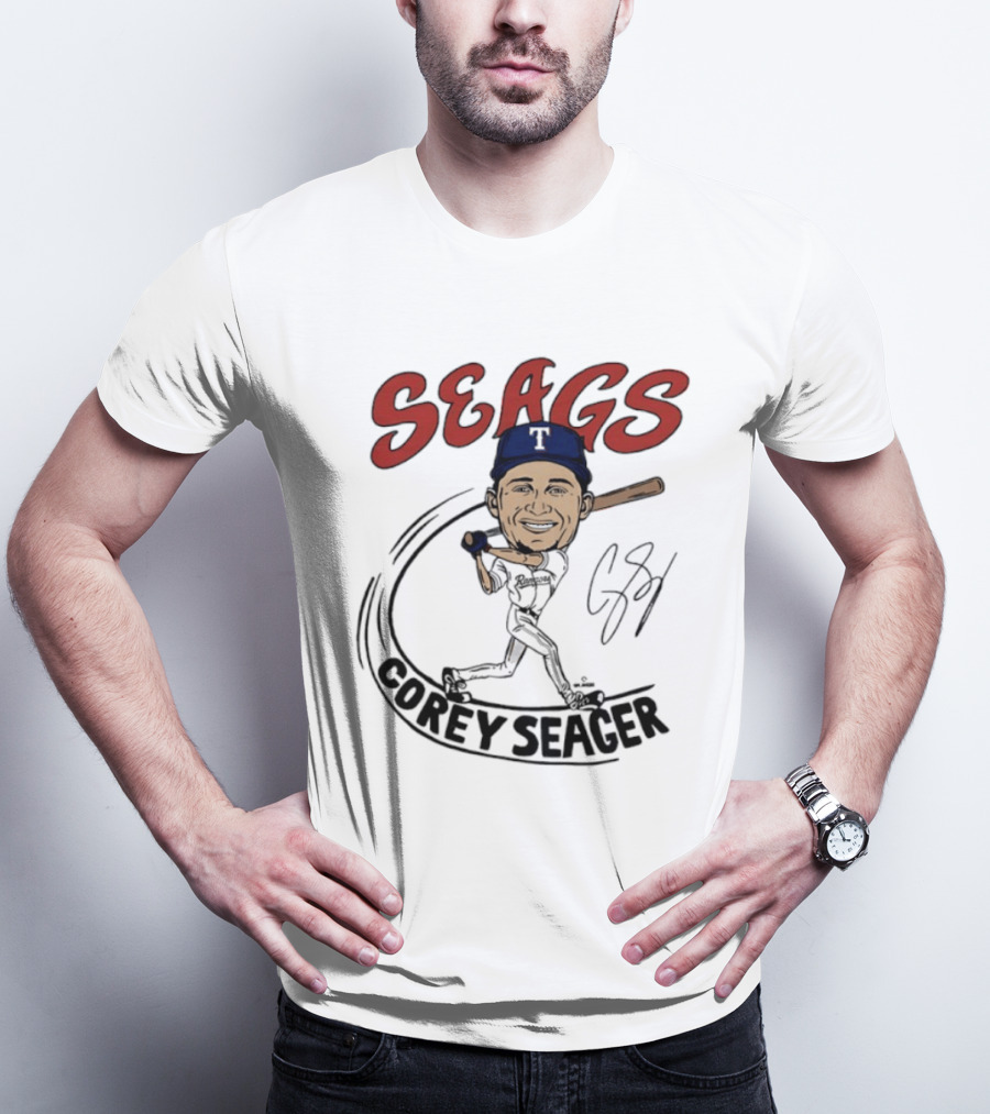 Seags Corey Seager Texas Rangers Slugger Swing Caricature T-Shirt