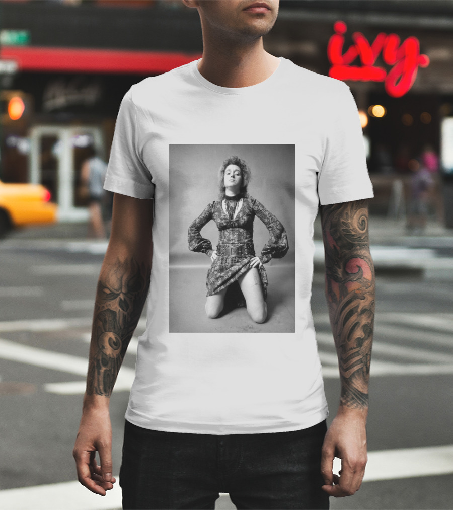 Valie Export Iconic Performance Tribute Kneeling Image With Patterned Dress And Belt T-Shirt