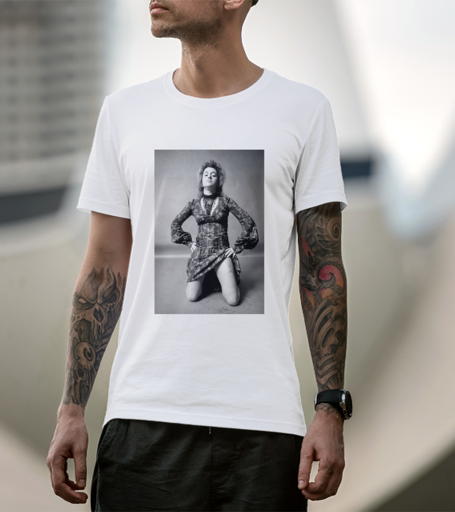 Valie Export Iconic Performance Tribute Kneeling Image With Patterned Dress And Belt T-Shirt