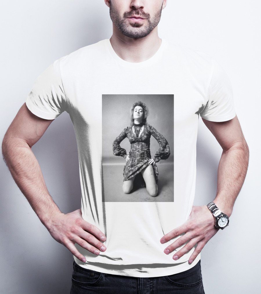 Valie Export Iconic Performance Tribute Kneeling Image With Patterned Dress And Belt T-Shirt