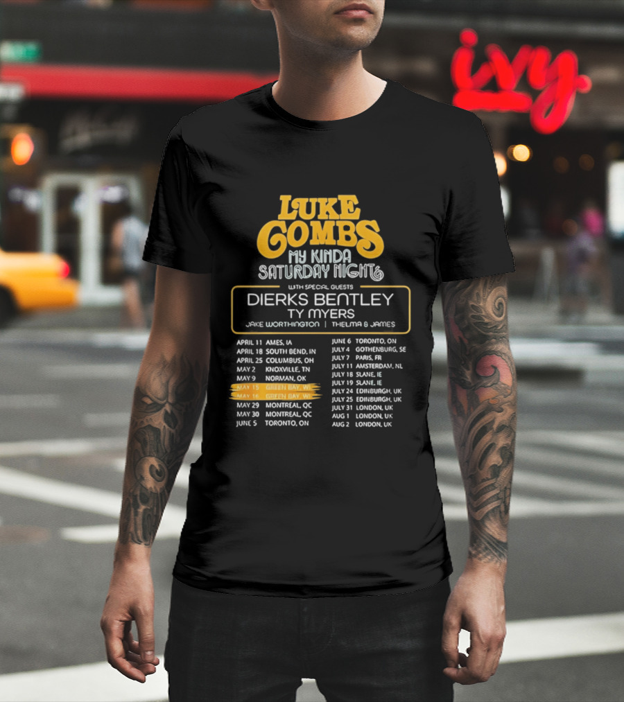 Luke Combs My Kinda Saturday Night Tour 2026 Green Bay Featuring Dierks Bentley T-Shirt