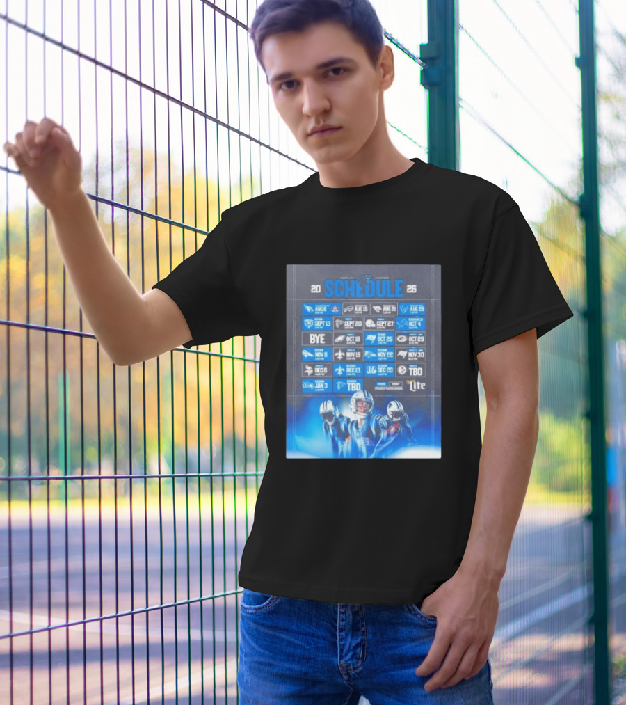 Carolina Panthers 2026 Game Schedule With Player Imagery And Opponent Logos T-Shirt