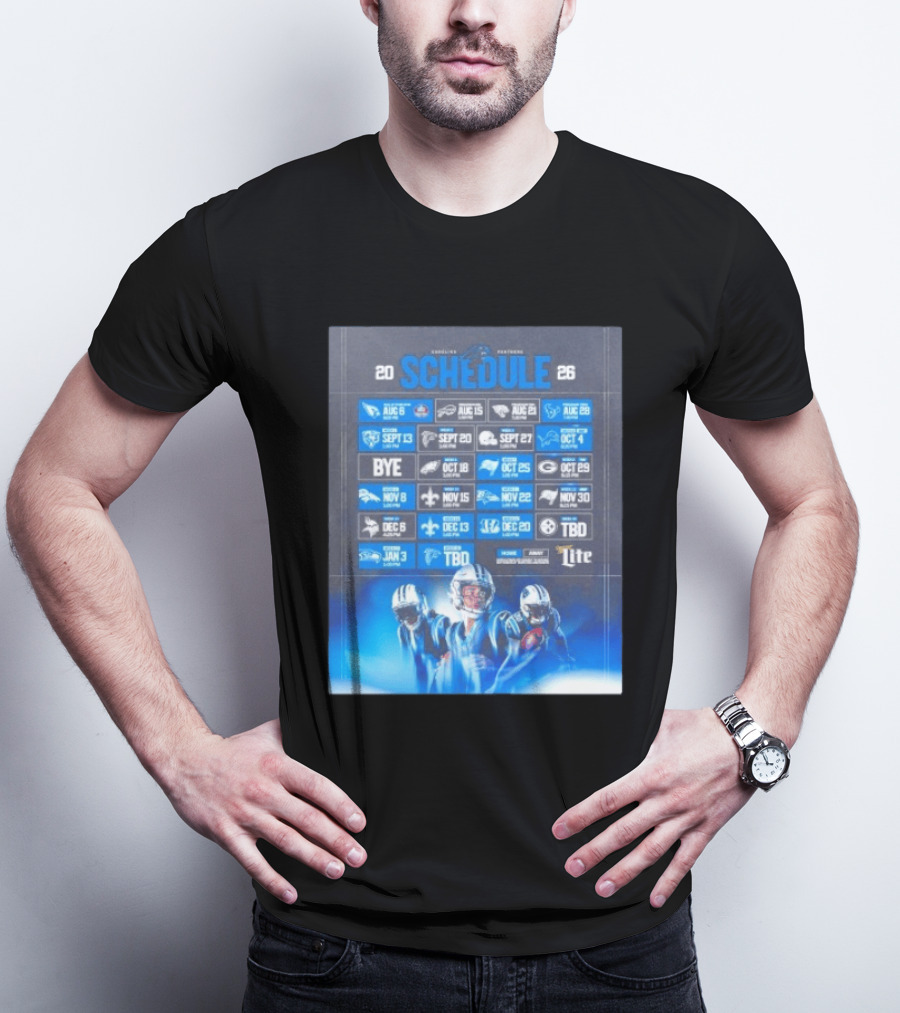 Carolina Panthers 2026 Game Schedule With Player Imagery And Opponent Logos T-Shirt