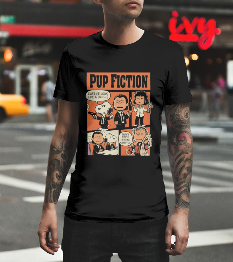 Pup Fiction Peanuts And Pulp Fiction Characters Mashup T-Shirt