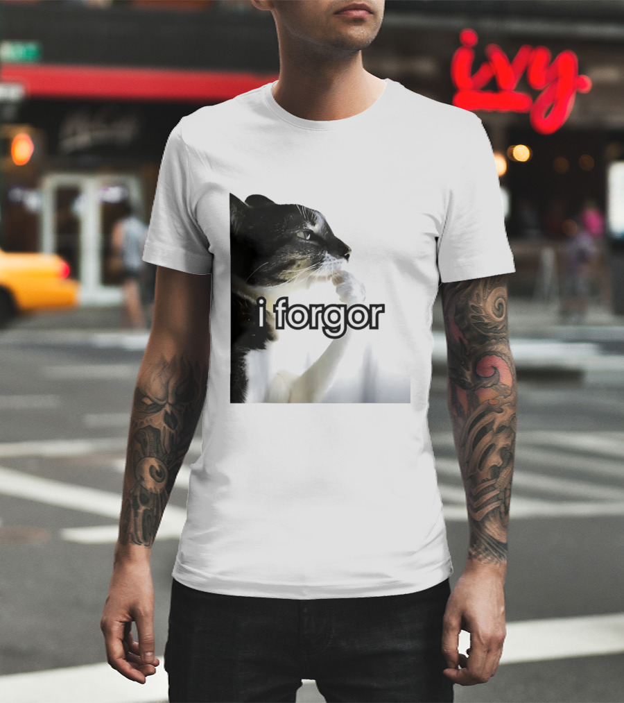 Cat I Forgor Meme Digital Image Paw Licking Pensive Moment T-Shirt