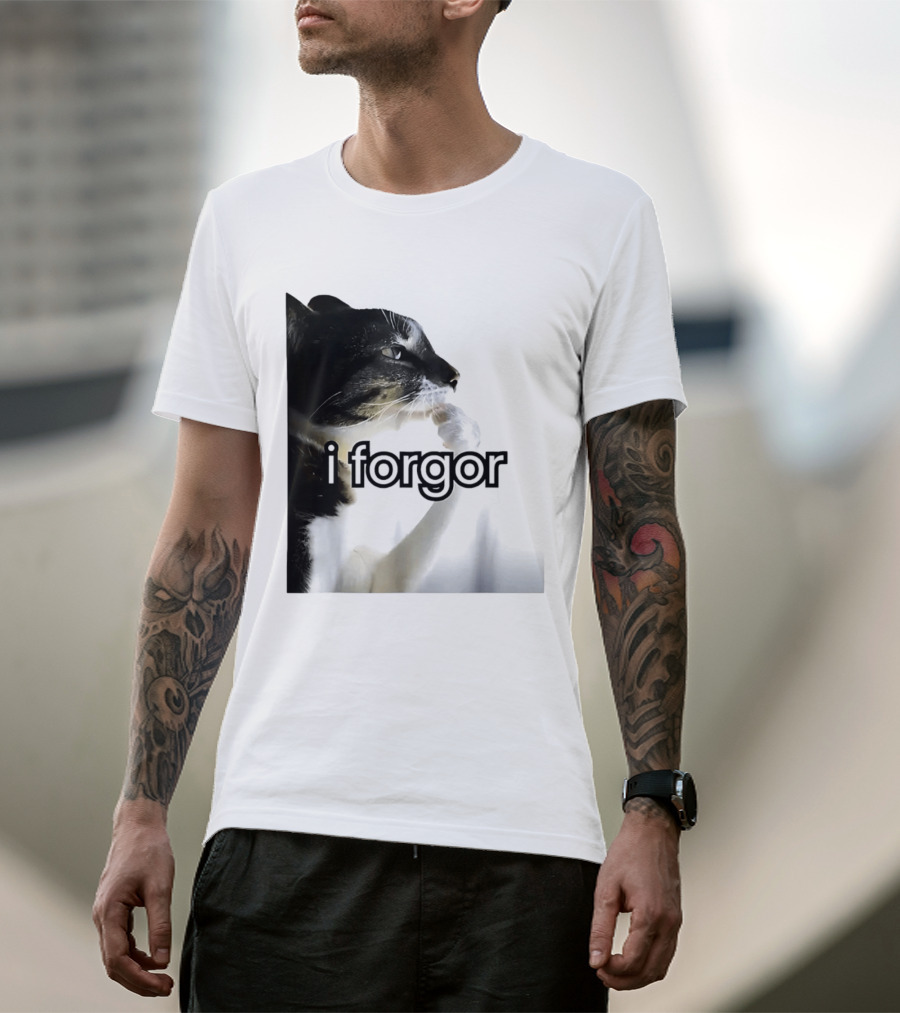 Cat I Forgor Meme Digital Image Paw Licking Pensive Moment T-Shirt