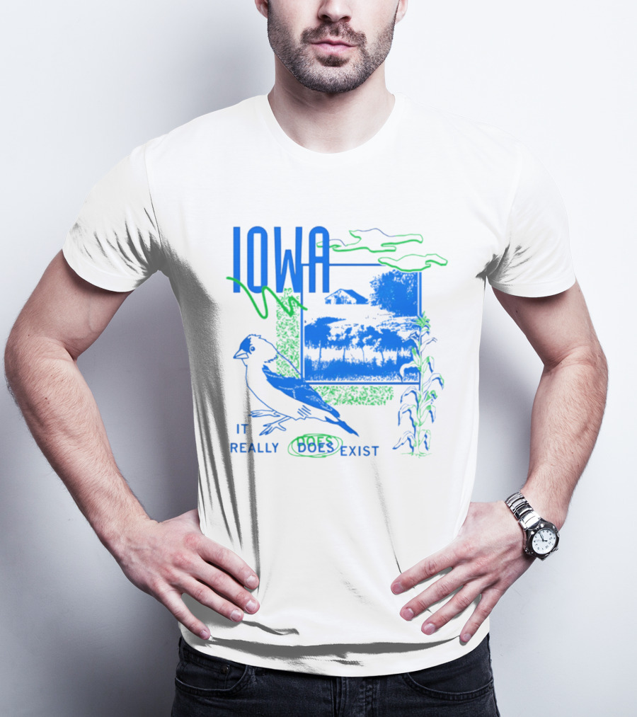 Iowa It Really Does Exist 90s Style Scenic Landscape Bird And Cornfield T-Shirt