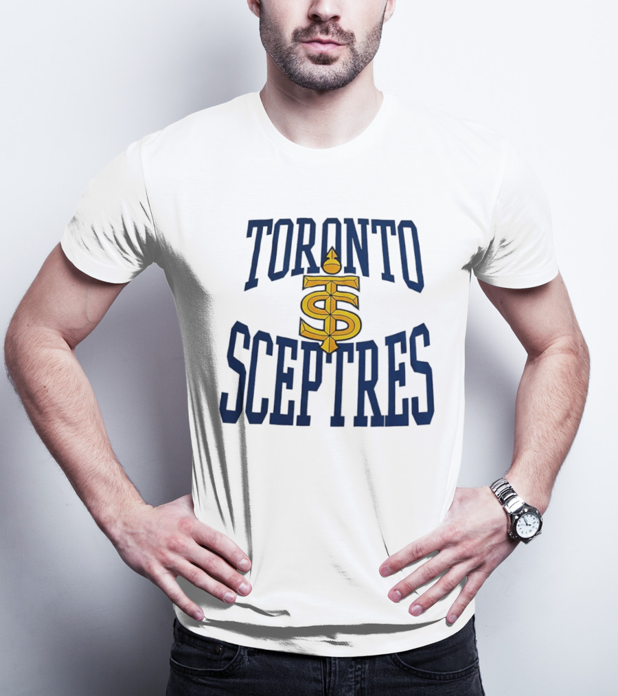 Toronto Sceptres Sports Team Logo Icon With Gold Emblem And Blue T-Shirt