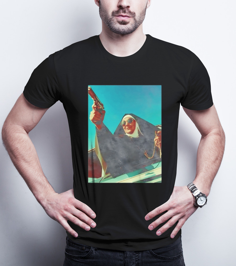 Nun In Black Habit Leaning Out Lowrider With Gun And Rosary T-Shirt