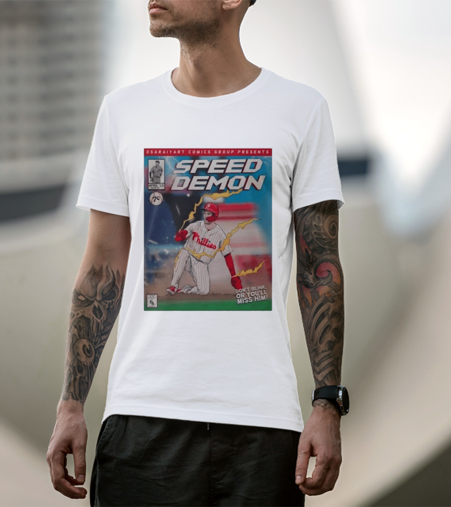 DSaraiyart Speed Demon Phillies April 23 Comics Group Don't Blink Trea Turner T-Shirt