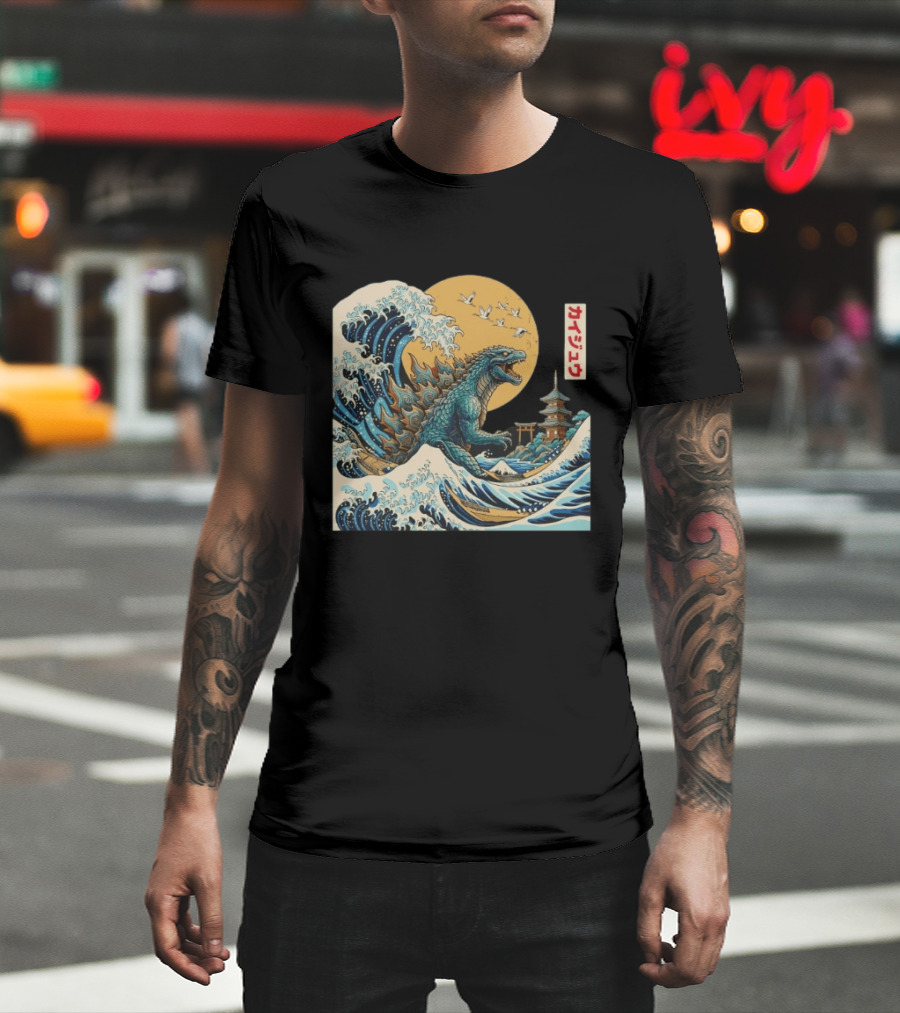 Kaiju Wave Monster Japanese Kawaki Kanji Pagoda Ukiyo E T-Shirt