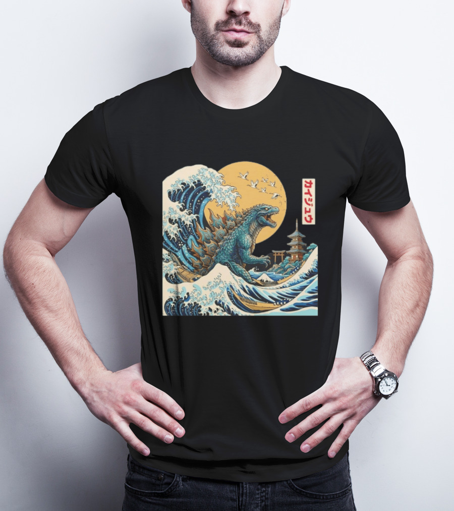 Kaiju Wave Monster Japanese Kawaki Kanji Pagoda Ukiyo E T-Shirt