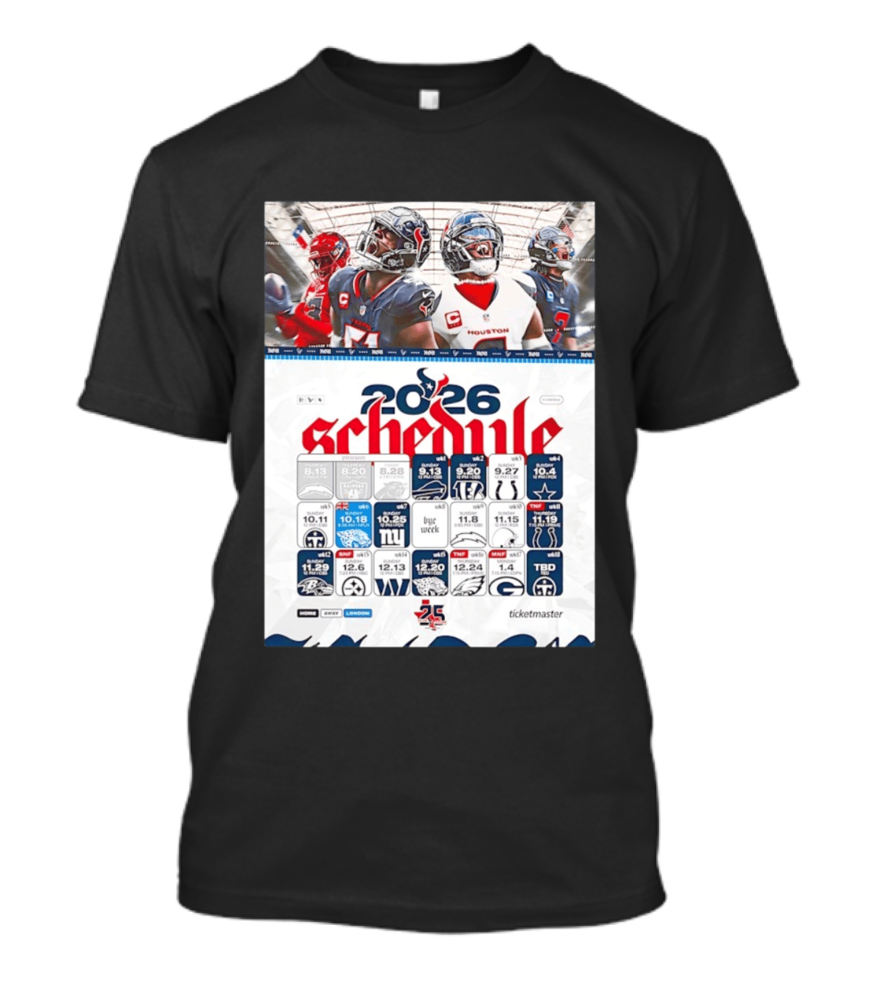 Houston Texans 2026 Schedule Featuring Game Dates And Opponents T-Shirt