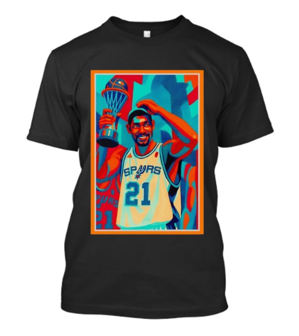 Tim Duncan San Antonio Spurs 21 Holding Trophy Victory Celebration T-Shirt