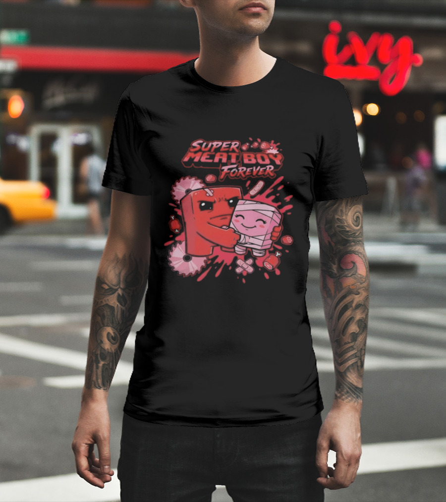 Super Meat Boy Forever Retro Character Hugging T-Shirt