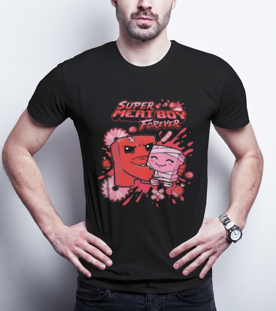 Super Meat Boy Forever Retro Character Hugging T-Shirt
