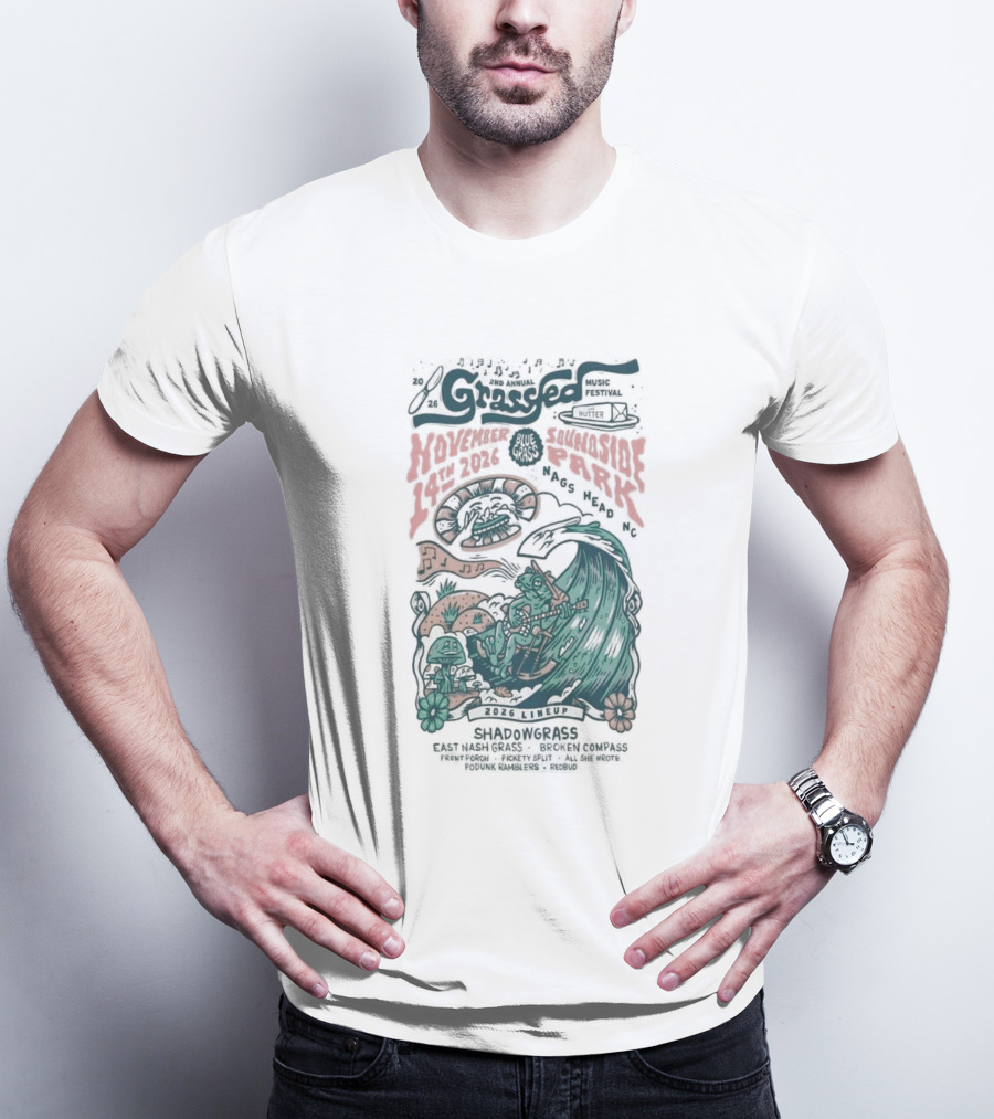 Shadowgrass November 14 2026 Nags Head NC Psychedelic Swirling Mushroom Wave T-Shirt