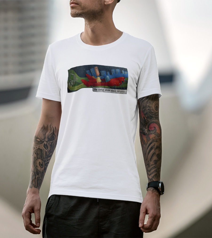 The World Wide Wait Is Over Red Car Cityscape Adventure T-Shirt