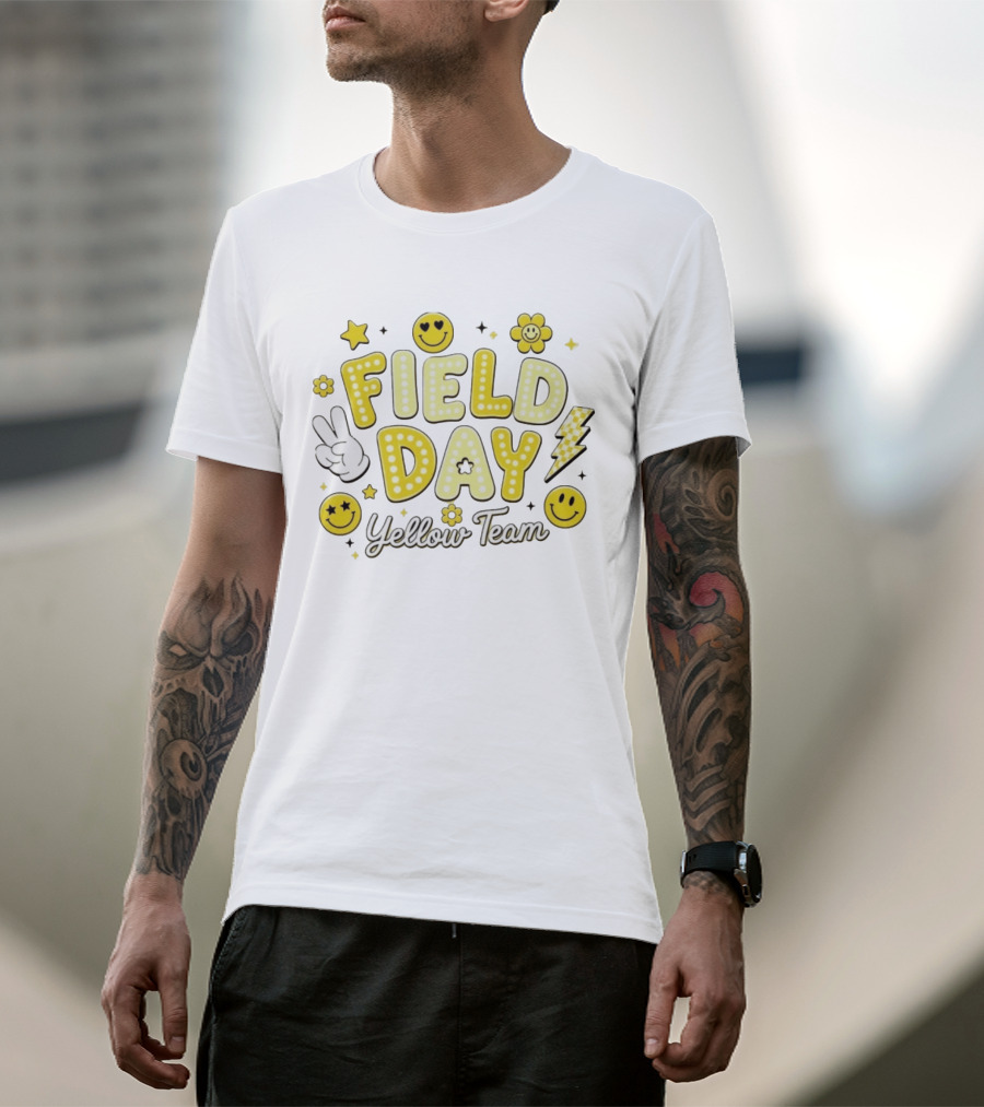 Field Day Yellow Team Smiley Faces Peace Sign Stars And Lightning Bolt T-Shirt