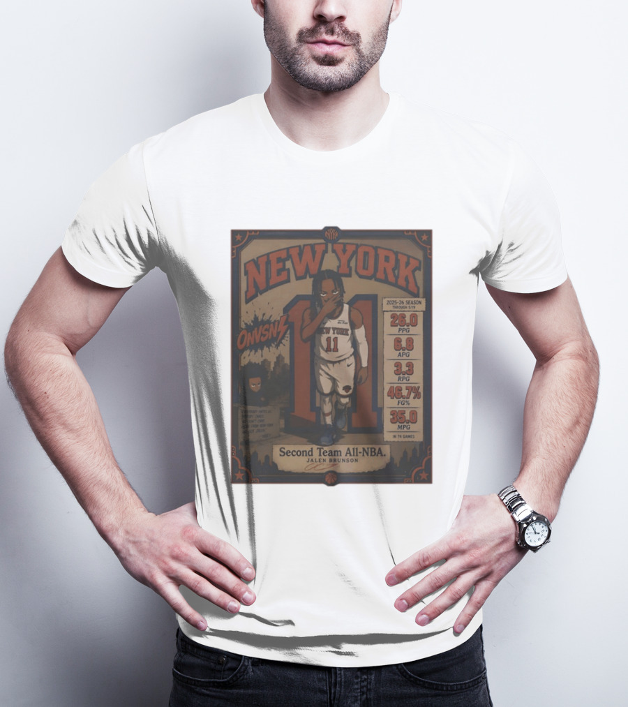 New York Knicks Jalen Brunson Second Team All NBA 2025 26 Season Stats And Animation T-Shirt