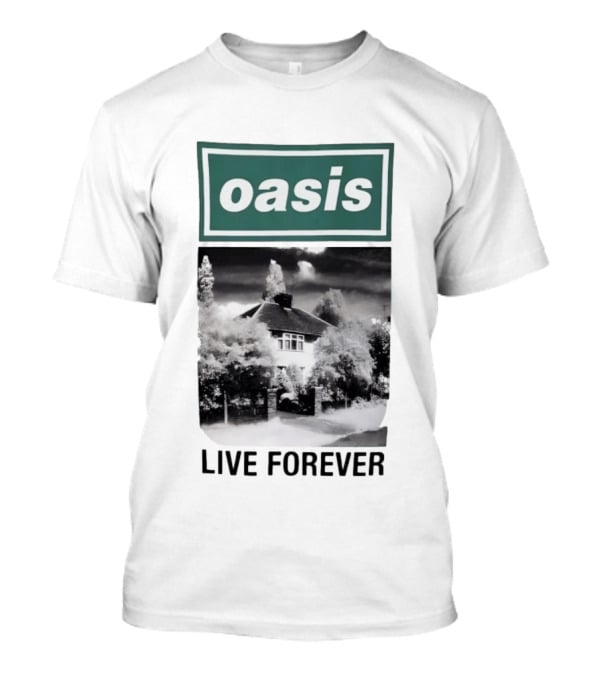 Oasis Live Forever Black And White House Image T-Shirt