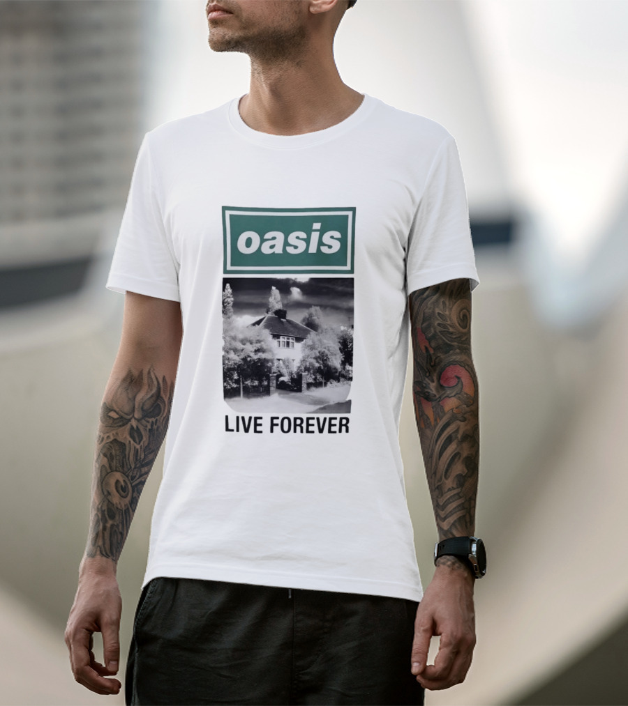 Oasis Live Forever Black And White House Image T-Shirt