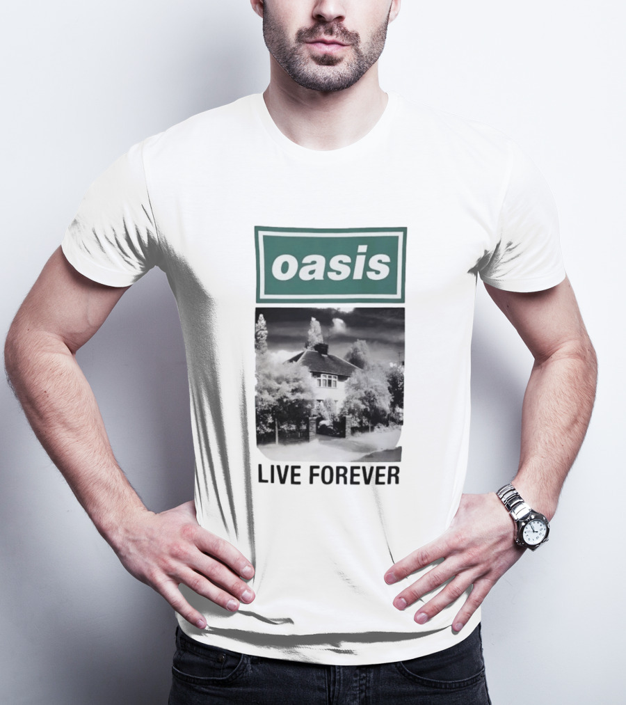 Oasis Live Forever Black And White House Image T-Shirt