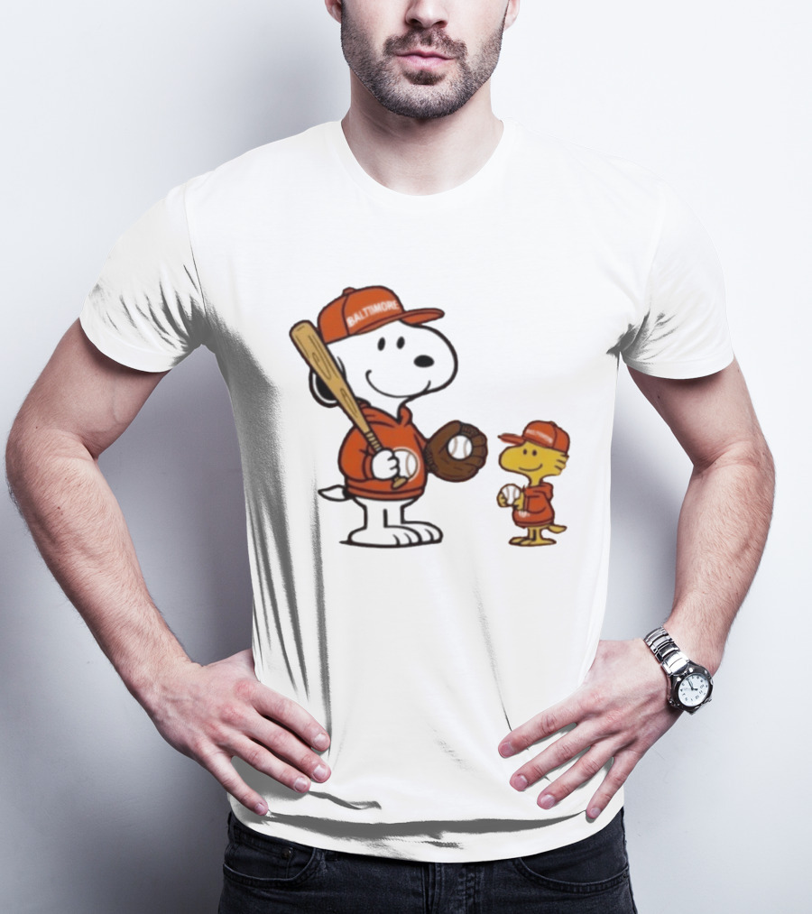 Snoopy Woodstock Baseball Baltimore Orioles Fan Gear T-Shirt