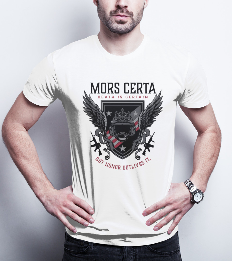 Mors Certa Death Is Certain But Honor Outlives It Winged Helmet Warrior's Legacy T-Shirt
