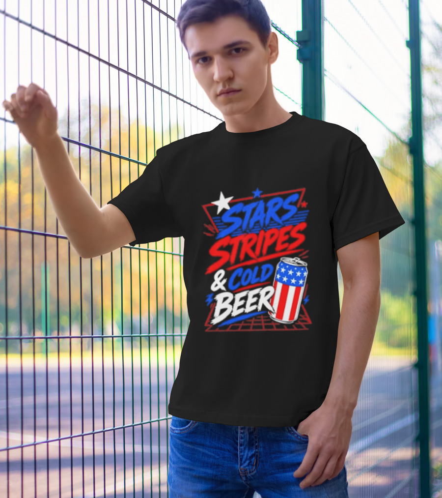 Stars Stripes And Cold Beer American Flag Can Patriotic Celebration T-Shirt