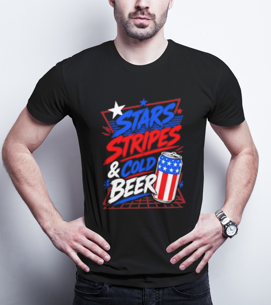 Stars Stripes And Cold Beer American Flag Can Patriotic Celebration T-Shirt