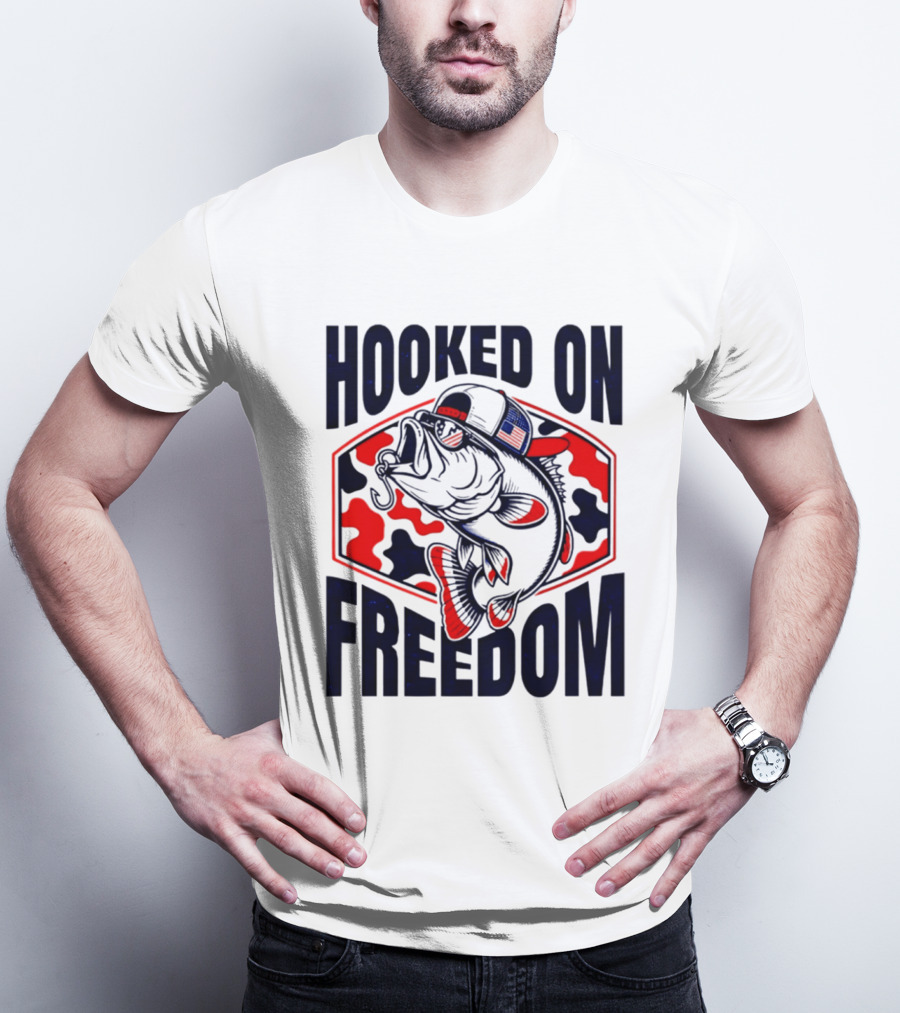 Hooked On Freedom Patriotic Fish Camo Hat T-Shirt
