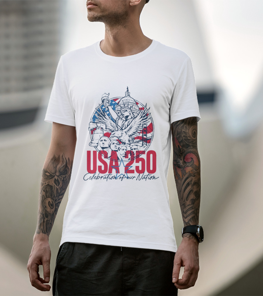 USA 250 Celebration Of Our Nation Symbols Liberty Capitol Eagle Mount Rushmore T-Shirt