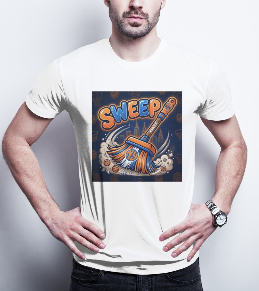 New York Knicks Sweep East Champs Basketball Skyline Broom T-Shirt