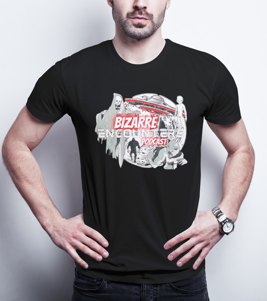 Bizarre Encounters Podcast UFO Aliens Skeletons Paranormal Illustrations T-Shirt