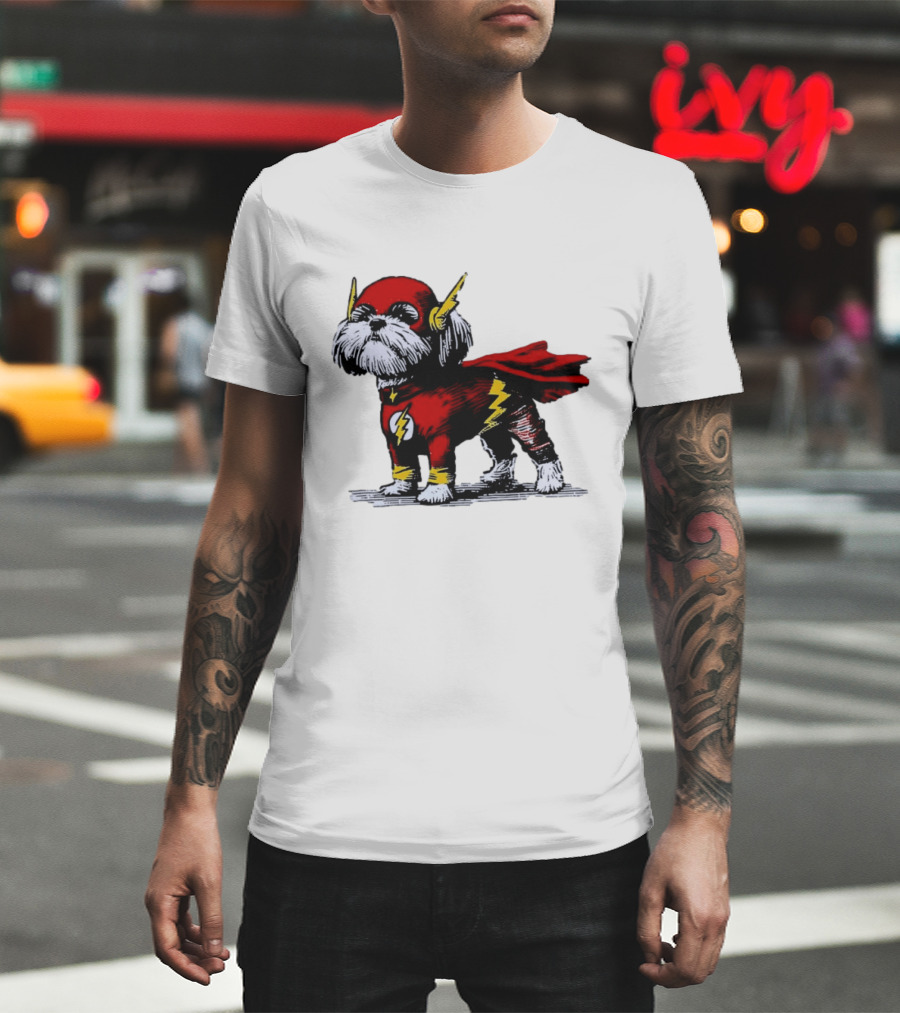 Shih Tzu Dog In The Flash Superhero Costume With Lightning Bolt T-Shirt