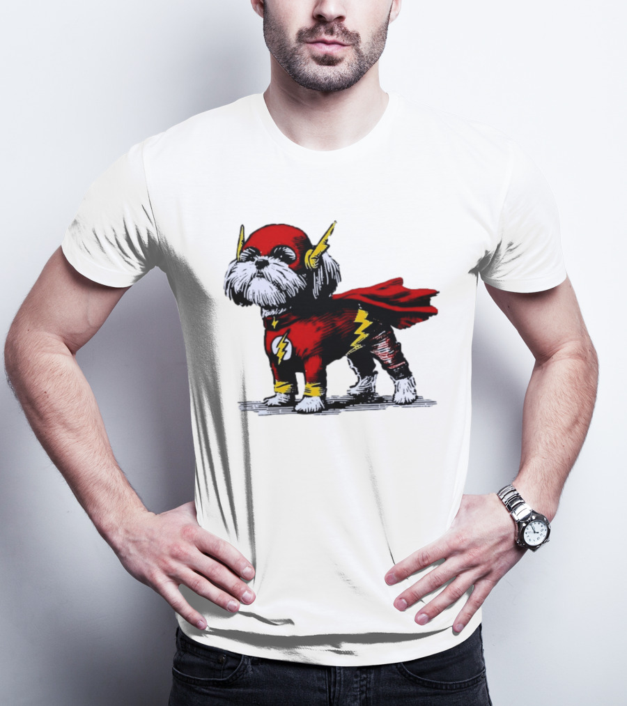 Shih Tzu Dog In The Flash Superhero Costume With Lightning Bolt T-Shirt