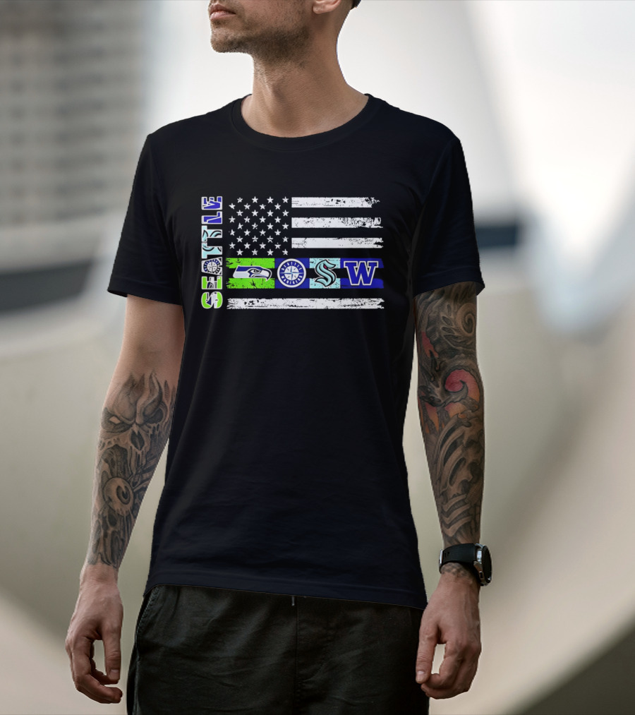 Seattle Seahawks Mariners Kraken Washington Flag T-Shirt