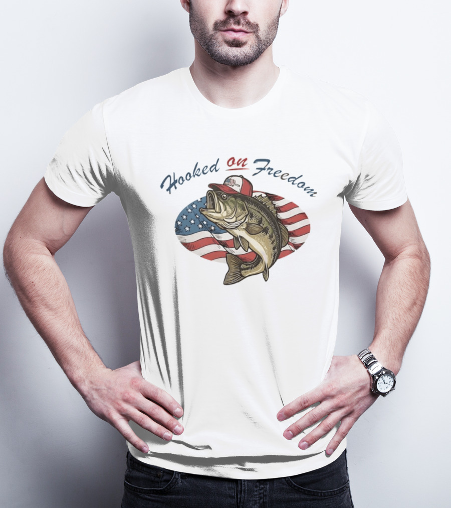 Hooked On Freedom American Flag 1776 250th Anniversary Bass Fish USA Hat Stars And Stripes T-Shirt