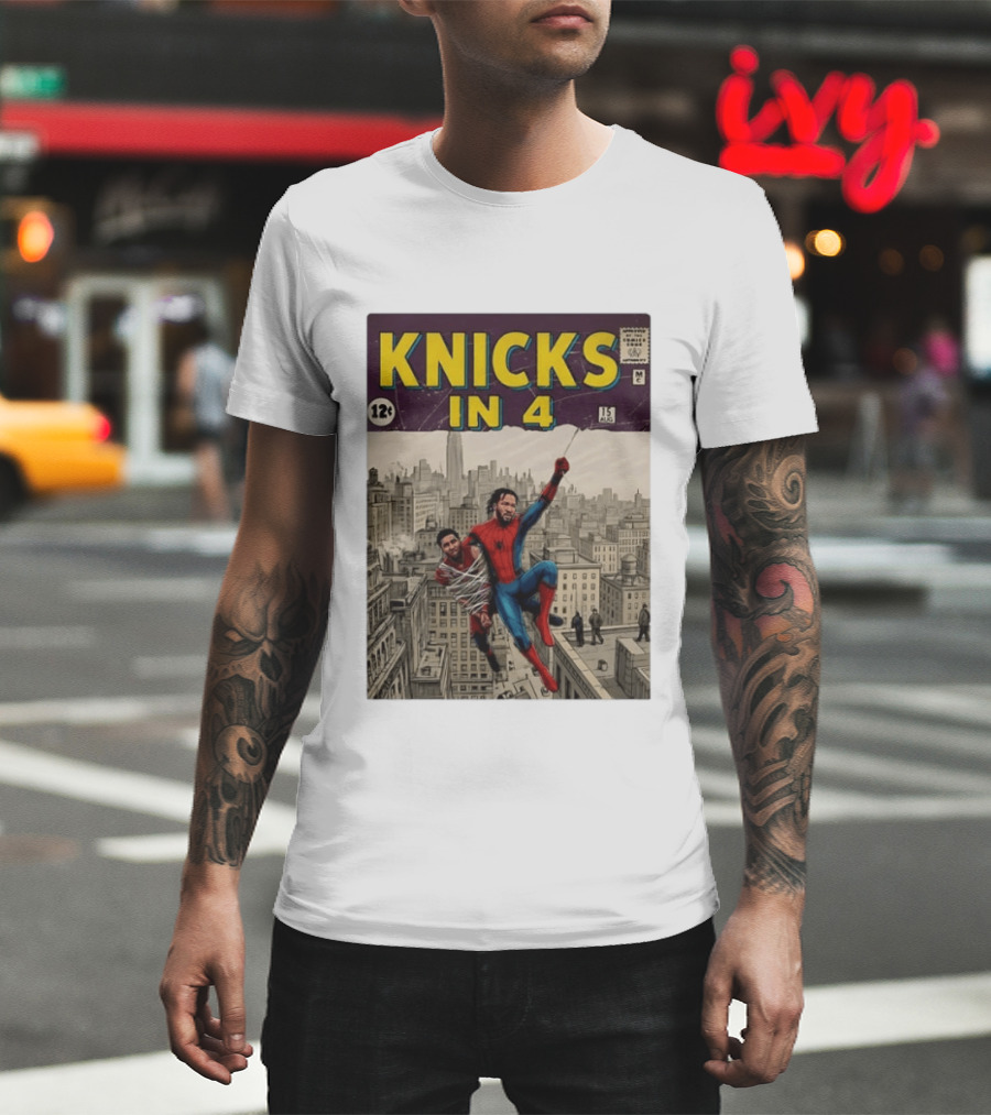 Knicks In 4 Comics Spider Man Derrick Rose Donovan Mitchell Basketball T-Shirt