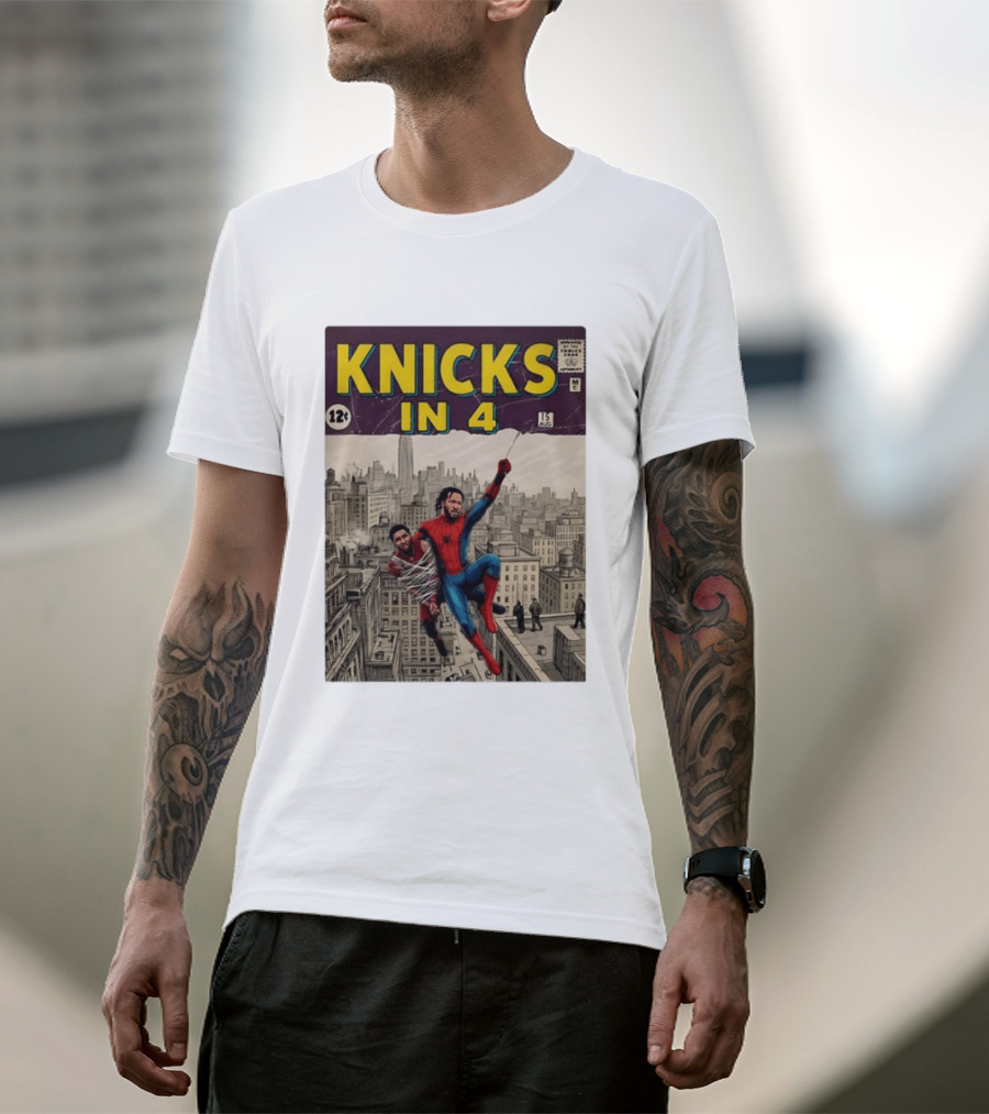 Knicks In 4 Comics Spider Man Derrick Rose Donovan Mitchell Basketball T-Shirt