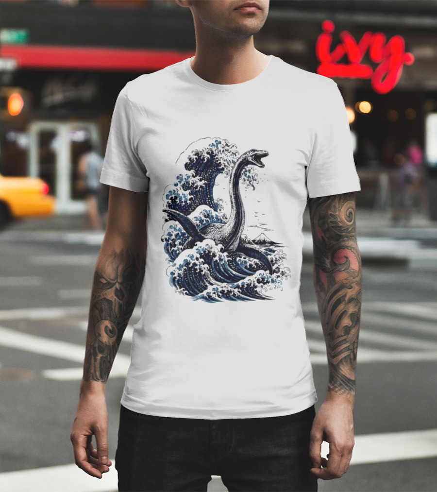 Great Wave Off Kanagawa Loch Ness Monster Mount Fuji Fusion T-Shirt
