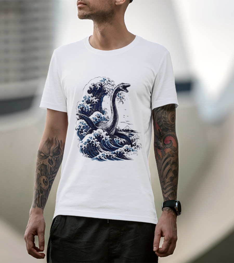 Great Wave Off Kanagawa Loch Ness Monster Mount Fuji Fusion T-Shirt