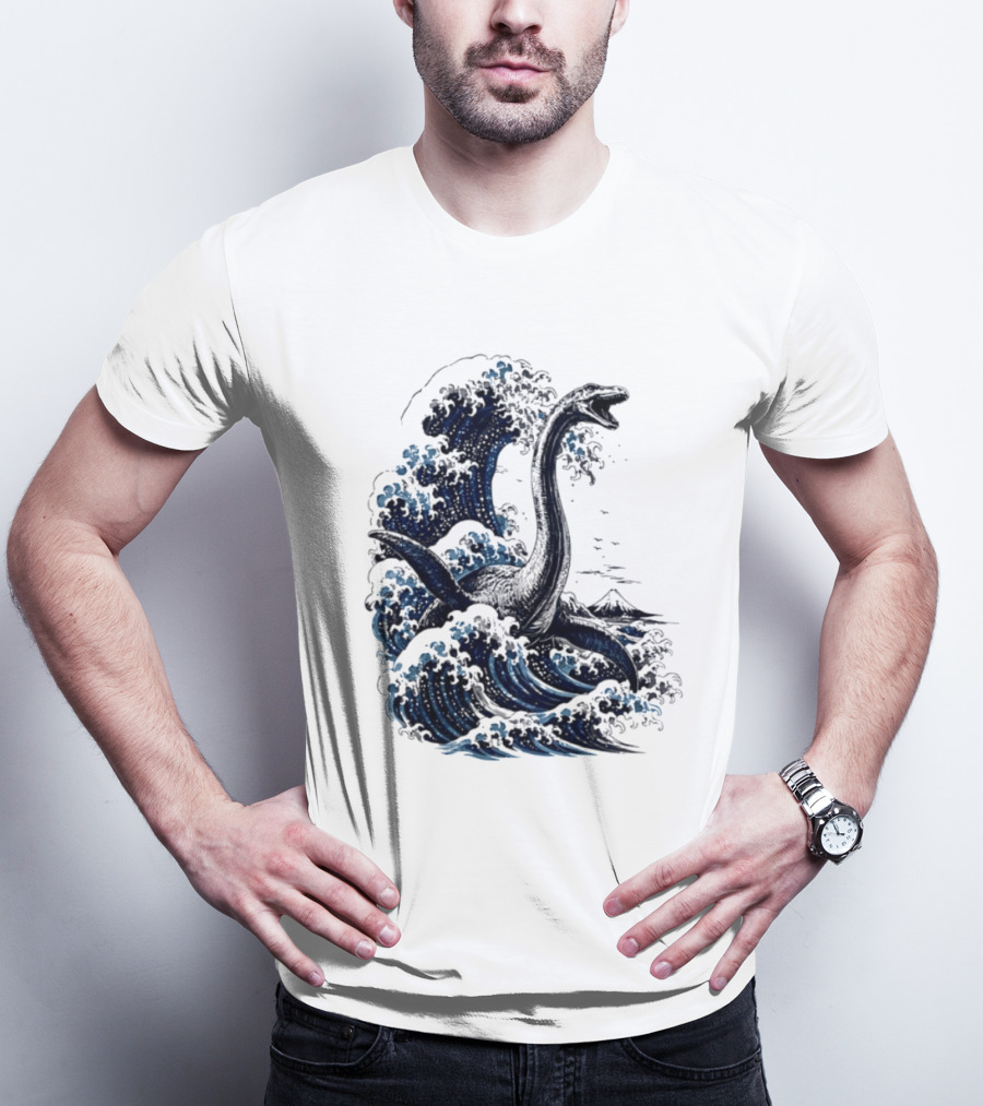 Great Wave Off Kanagawa Loch Ness Monster Mount Fuji Fusion T-Shirt
